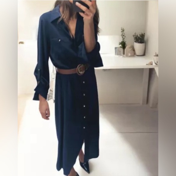 Zara | Dresses | Nwt Zara Large Belted Navy Blue Shirt Dress Attached ...